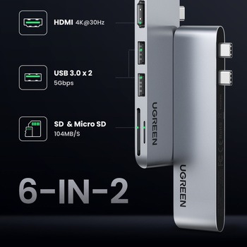 80856 UGREEN USB Cハブ 6-in-2 UGREEN グレー色 - 【通販モノタロウ】