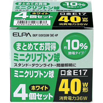 EKP100V36W(W)4P ミニクリプトン球 1箱(4個) ELPA 【通販モノタロウ】